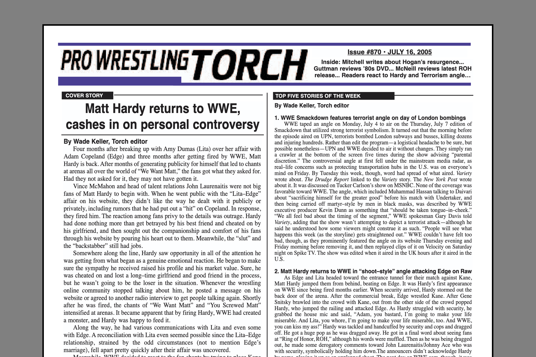 VIP 2005 BACK ISSUE – Pro Wrestling Torch #870 (July 16, 2005): Matt ...