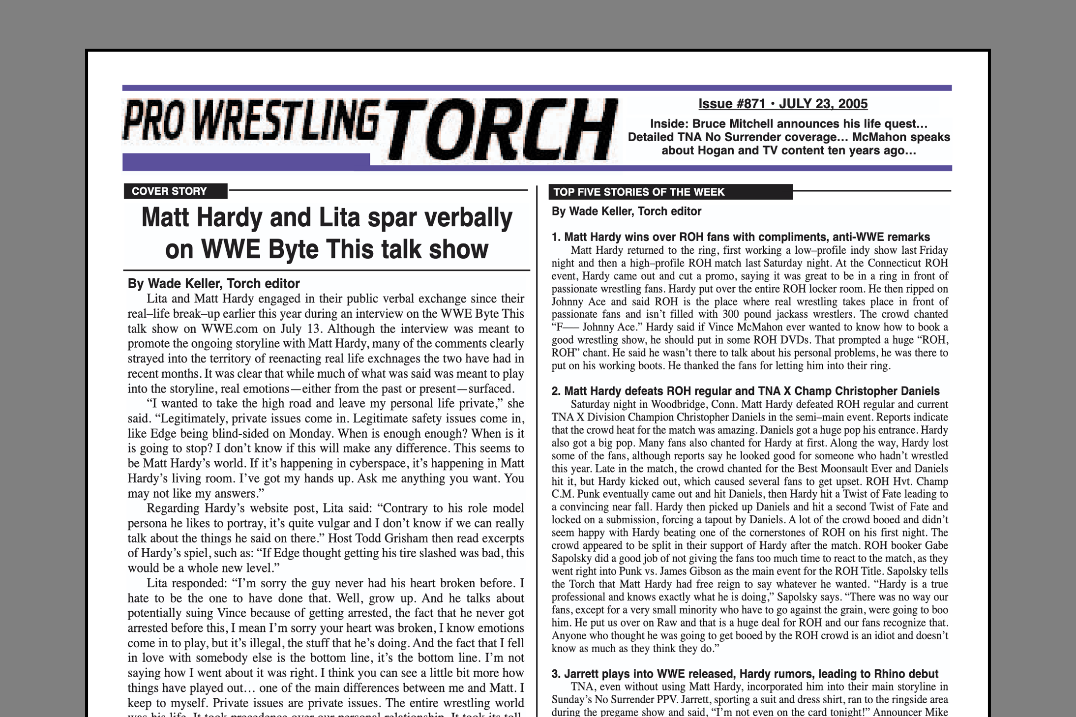 VIP 2005 BACK ISSUE – Pro Wrestling Torch #871 (July 23, 2005): Hardy ...